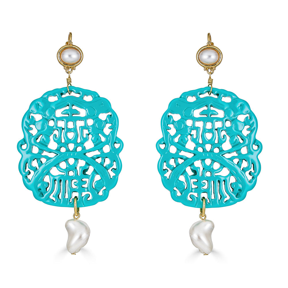 Kenneth Jay Lane Turquoise Carved Pearl Earrings | HAUTEheadquarters